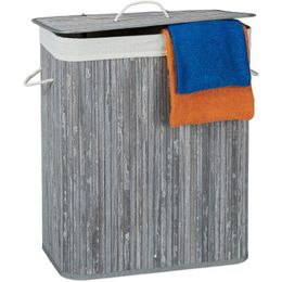 Wäschekorb Bambus mit Deckel, rechteckiger Wäschesammler, 2 Fächer, 95 l Volumen, faltbare Wäschebox, grau - Relaxdays