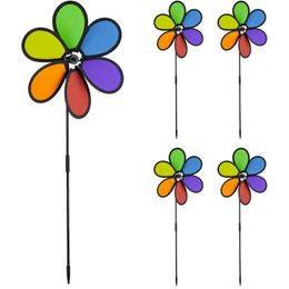 Windrad Blume, 5er Set, Deko Gartenstecker für Balkon, Terrasse & Garten, hbt 66 x 27 x 7 cm, Regenbogen, bunt - Relaxdays