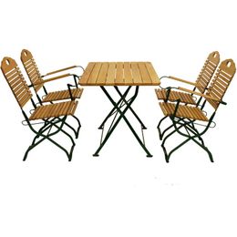 DEGAMO Kurgarten - Garnitur bad tölz 5-teilig (2x Stuhl, 2x Armlehnensessel, 1x Tisch 70x110cm eckig), Flachstahl grün + Robinie, klappbar - braun