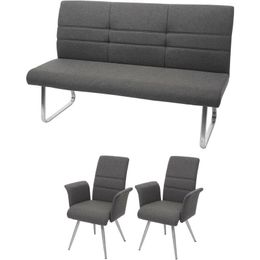 HHG - Set 2x Esszimmerstuhl+Sitzbank 709, Bank Küchenstuhl Stuhl+Armlehne, Stoff/Textil Edelstahl grau-braun Bank 180cm - grey