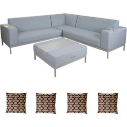 Neuwertig] Alu-Garten-Garnitur HHG 495, Sofa, Outdoor Stoff/Textil blau mit Ablage, Kissen braun - blue