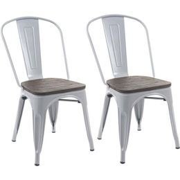 HHG - 2er-Set Stuhl 404 inkl. Holz-Sitzfläche, Bistrostuhl Stapelstuhl, Metall Industriedesign stapelbar grau - grey