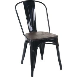 Stuhl HHG 893 inkl. Holz-Sitzfläche, Bistrostuhl Stapelstuhl, Metall Industriedesign stapelbar schwarz - black