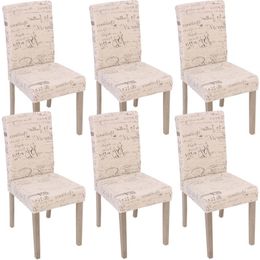 HHG - 6er-Set Esszimmerstuhl Littau, Stuhl Küchenstuhl Textil mit Schriftzug, creme, Beine Struktur - Eiche - beige