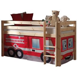 Lomadox Kinderzimmer Hochbett mit Textilset Feuerwehr PINOO-12 in Kiefer massiv natur lackiert, b/h/t: ca. 210/114/106 cm - braun