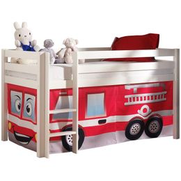 Lomadox Hochbett Spielbett Kinderzimmer PINOO-12 mit Textil Set Feuerwehr in Kiefer massiv weiß lackiert, B/H/T: ca. 210/114/106 cm - weiß