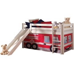 Lomadox Hochbett Spielbett Kinderzimmer PINOO-12 Textilset Feuerwehr in Kiefer massiv weiß lackiert incl. Rutsche, b/h/t: ca. 210/114/218 cm - weiß