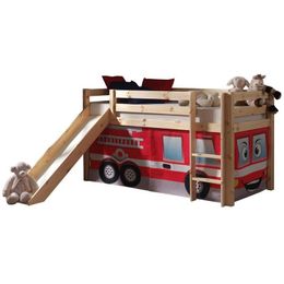 Tendances Kinderzimmer Spielbett mit Textilset Feuerwehr PINOO-12 incl. Rutsche in Kiefer massiv natur lackiert, b/h/t: ca. 210/114/218 cm