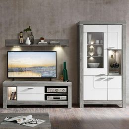 Lomadox Wohnwand TV-Möbel inkl. LED-Beleuchtung in weiß matt und Haveleiche Nb. GRONAU-55 BxHxT: 265x200x48cm - braun