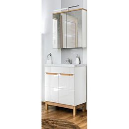 Lomadox - Badmöbel Waschplatz Set mit 60cm Waschtisch & LED-Spiegelschrank SOLNA-56 in Hochglanz weiß, b/h/t ca.: 60/200/46 cm - weiß