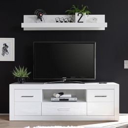 Lomadox Großes TV-Lowboard BALVE-61 mit Wandboard modern in Hochglanz weiß BxHxT: 180x185x45cm - weiß