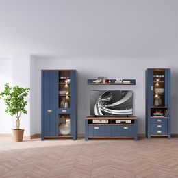 Lomadox Wohnwand in blau Landhausstil DEVON-36 Details in Eiche Nb. 4-teilig, Fernsehschrank mit Vitrinen inkl. led Beleuchtung - blau