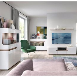 Lomadox Modernes 4-teiliges Wohnmöbel Set mit Beleuchtung, grifflos, LEGNICA-129, in weiß Hochglanz und Eiche Trüffel Nb. - weiß