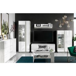 Lomadox Wohnzimmer Möbel Set in Beton Optik mit weiß Glanz LAGONEGRO-131, b/h/t ca. 341/201/40 cm - weiß