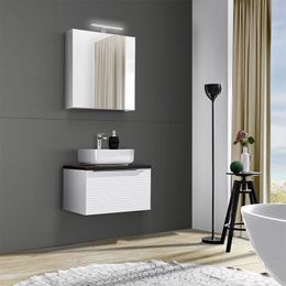Lomadox - Badezimmer Waschplatz Set weiß mit Sherman Oak Nb. LARCIANO-56 Waschtischunterschrank, Keramik Aufsatzwaschbecken, Spiegelschrank, led