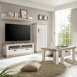 Lomadox Wohnmöbel-Set im Landhaus-Design FERNA-61 in Pinie weiß und Oslo dunkel Nb. mit TV-Lowboard und Couchtisch B/H/T ca. 215x201x44 cm - braun