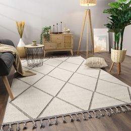 Paco Home - Teppich Wohnzimmer Kurzflor Skandi Boho Muster Geometrisch Einfarbig Fransen 80x150 cm, Grau