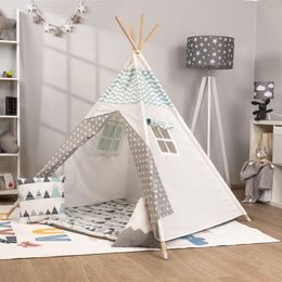 Tipi Kinderzelt für Kinderzimmer Zelt Spielzimmer Indoor Stabil Robust Weiß-Grau, Mit Zubehör - Paco Home