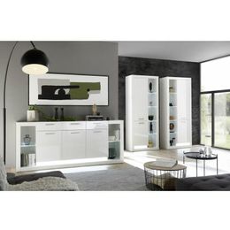 Lomadox Modernes Design Wohnzimmer Set mit Sideboard und 2 Vitrinenschränke MAILAND-61 in Hochglanz weiß mit Beleuchtung, b/h/t: 398/195/37-43 cm - weiß
