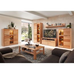 Lomadox Wohnzimmer Set mit Highboard, Beleuchtung, Front Kernbuche massiv NEWTON-36 - braun