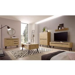 Lomadox Wohnzimmer Set TIROL-61 in Eiche Artisan mit Schwarz skandinavisches Design, mit Couchtisch und Sideboard - braun