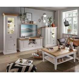 Lomadox Wohnmöbel Set weiß ESBJERG-69 Landhausstil in Kiefer weiß lackiert mit Eiche massiv 5-teilig - weiß