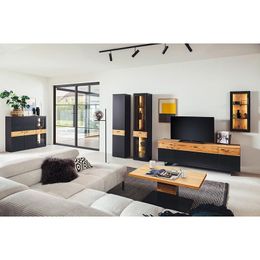 Lomadox - Wohnzimmermöbel Komplett Set, 6-teilig, inkl. led Beleuchtung, schwarzgrau lackiert mit Wildeiche massiv geölt, CHAPLEAU-05 - grau