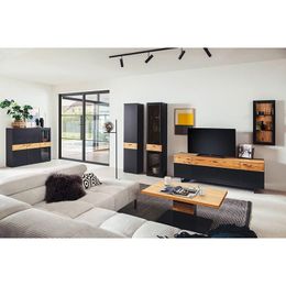 Lomadox - Wohnzimmermöbel Komplett Set, 6-teilig, schwarzgrau lackiert mit Wildeiche massiv geölt, CHAPLEAU-05 - grau