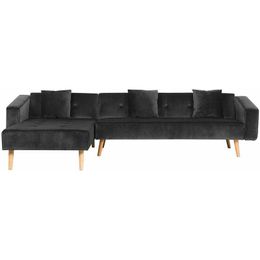 Beliani Ecksofa Schwarz Samtstoff L-Förmig Rechtsseitig Schlaffunktion Modern Wohnzimmer - Heller Holzfarbton