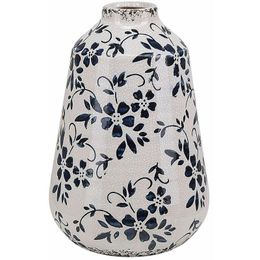 Beliani Blumenvase Weiß Steinzeug Handgefertigt 20 cm mit Blauem Blumenmotiv Wasserdicht Deko Accessoires Wohnzimmer Schlafzimmer Flur Kamin