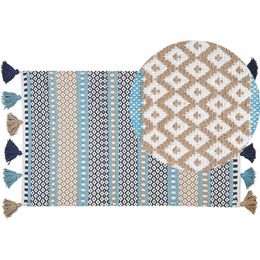 Beliani Teppich Blau mit Beige 80 x 150 cm aus Baumwolle Kurzflor Geometrisches Muster Rechteckig Boho Stil - Blau