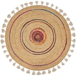 Beliani Teppich Beige / Bunt Jute und Baumwolle Rund ⌀ 140 cm Kurzflor mit Kreisen Quasten Handgewebt Boho für Fußbodenheizung Wohnzimmer Esszimmer - Beige