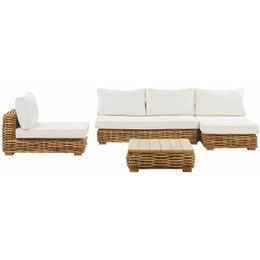 Beliani - Lounge Set Natürlich Rattan 4-Sitzer Linksseitig mit Auflagen Cremeweiß Tisch und Lounger Boho Gartenausstattung Terrasse Outdoor