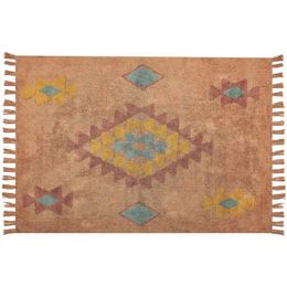 Beliani - Teppich Orange Baumwolle 140 x 200 cm Rechteckig Geometrisches Muster mit Fransen Boho Stil Handgetuftet für Wohnzimmer Schlafzimmer Flur