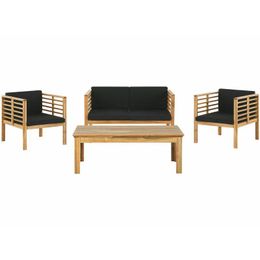 Beliani Gartenmöbel Set 4-Teilig Hellbraun Akazienholz 4-Sitzer mit Auflagen Schwarz Modern 1 Sofa 2 Sessel und 1 Couchtisch Terrasse Outdoor - Heller