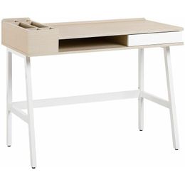 Beliani Schreibtisch Weiß mit Braun 100 x 55 cm mit Viel Stauraum Modern - Heller Holzfarbton