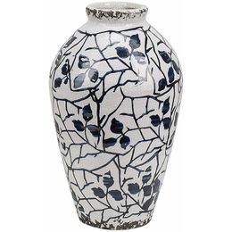 Beliani Blumenvase Weiß Steinzeug Handgefertigt 20 cm mit Blauem Blumenmotiv Wasserdicht Deko Accessoires Wohnzimmer Schlafzimmer Flur Kamin