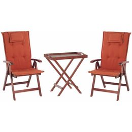 Beliani Balkonset Dunkelbraun Akazienholz verstellbar mit Auflagen Terracotta Tisch mit 2 Stühlen Rustikal Landhaus Stil Terrasse Garten Möbel - Rot