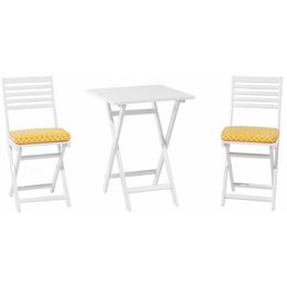Beliani Balkonset weiss/gelb Akazienholz Auflagen geometrisches Muster 2 Personen - Weiß
