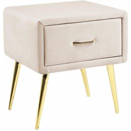 Beliani Nachttisch Hellbeige Samt 38 x 46 x 49 cm mit Metallgestell Gold 1 Schublade Rechteckig Aufbewahrung Modern Glamourös Möbel Schlafzimmer Flur - Gold