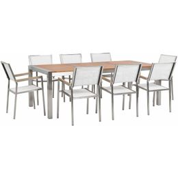 Beliani - Gartenmöbel Set Eukalyptusholz Edelstahl Tisch 220 cm 8 Stühle Weiß Terrasse Outdoor Modern Garten Terrasse - Silber