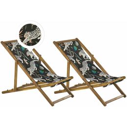 Beliani Liegestühle 2er Set aus hellem Akazienholz mit schwarzem Bezug zusammenklappbar Gepardenmotiv Gartenausstattung Outdoor Gartenzubehör Modern - Heller
