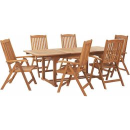 Beliani Gartenmöbel Set Hellbraun Akazienholz 6-Sitzer ausziehbarer rechteckiger Tisch Rustikal Landhaus Stil Outdoor - Heller Holzfarbton