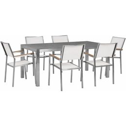 Beliani Gartenmöbel Set Grau Weiß Granit Edelstahl Tisch 180 cm Poliert 6 Stühle Terrasse Outdoor Modern - Grau