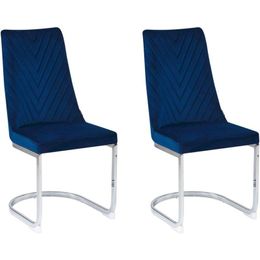 Beliani Freischwinger Stuhl 2er Set Blau Samtstoff mit hoher Rückenlehne Metallgestell Modernes Design für Ess-, Wohn- und Arbeitszimmer - Silber
