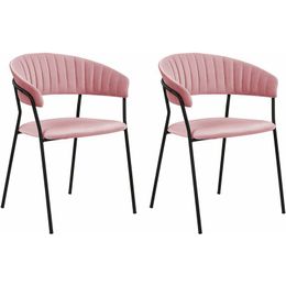 Beliani Set aus 2 Esszimmerstühlen Samtpolsterung rosa schwarze Metallbeine mit Armlehnen gebogene Rückenlehne modernes Design - Rosa
