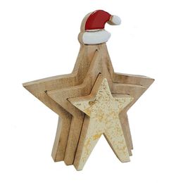 Spetebo 3D Mango Holz Stern - 21 x 20 cm - 3-teiliger Stern mit Weihnachtsmütze