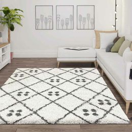 Hochflor Shaggy Teppich Rauten Muster mit Punkte Skandinavisch Creme Anthrazit,120x170 cm