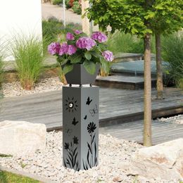 etc-shop - Pflanzsäule Außen Terrassensäule mit Blumenmotiv Blumentopf Garten Dekosäule, Stahl grau, h 82 cm
