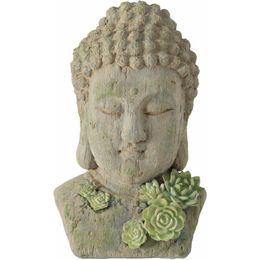 etc-shop - Buddha Kopf Deko Figur, Büste mit Lotusblumen, Kunstharz grau grün, h 35 cm